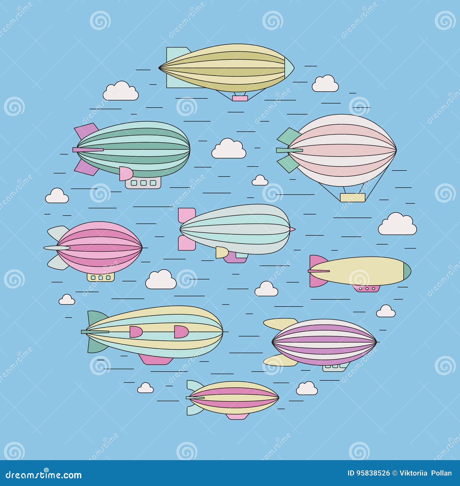 Dirigible Airship in the Sky Outline Circle Illustration. Stock Vector ...