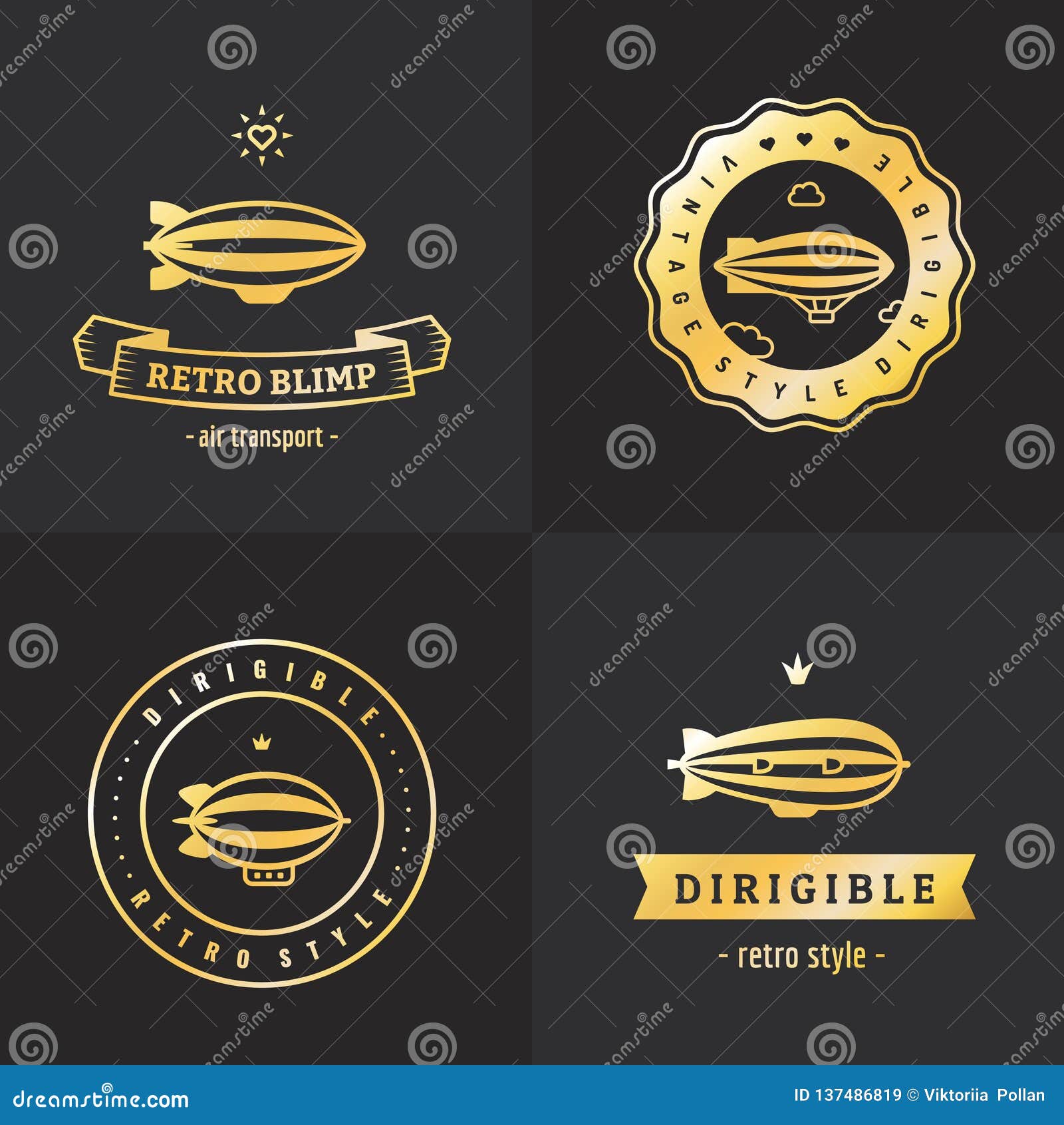 Dirigible Blimp Gold Logo Vector Set. Part One. Stock Vector ...
