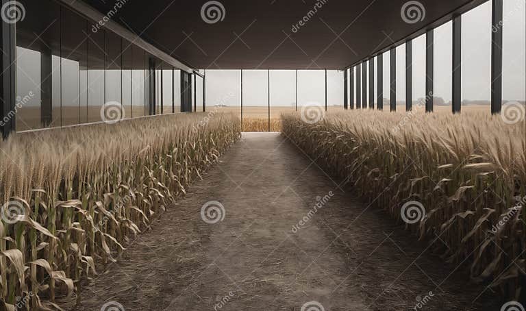 A Dirt Path Cuts through a Field of Corn Stalks Inside a Glass-walled ...