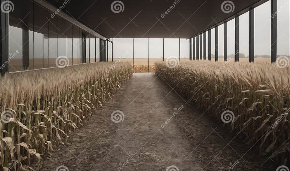 A Dirt Path Cuts through a Field of Corn Stalks Inside a Glass-walled ...