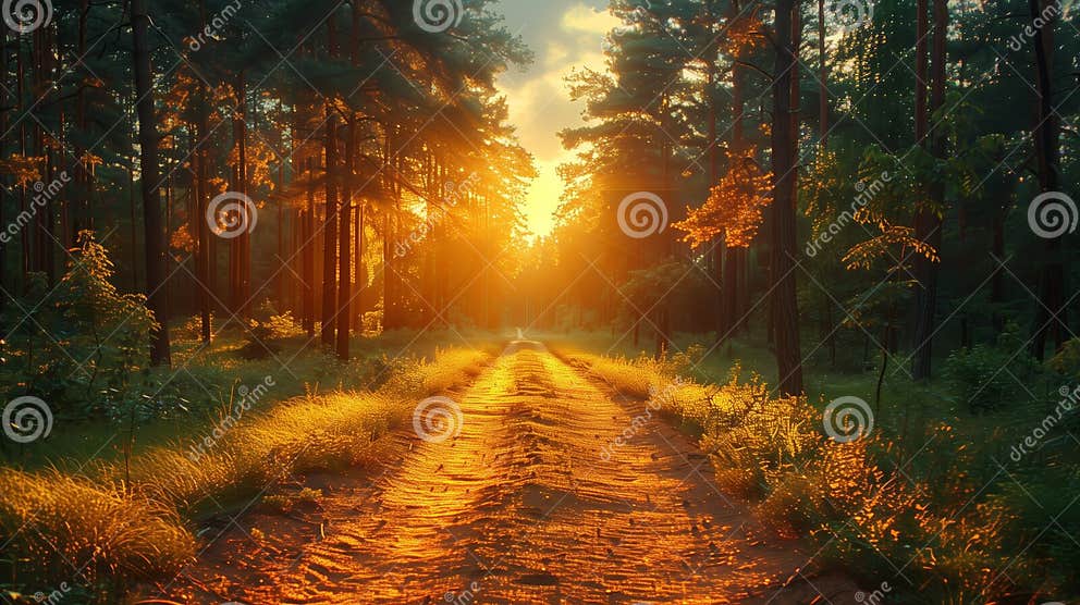 Sunlit Forest Path at Sunset Stock Photo - Image of woodland, peaceful ...