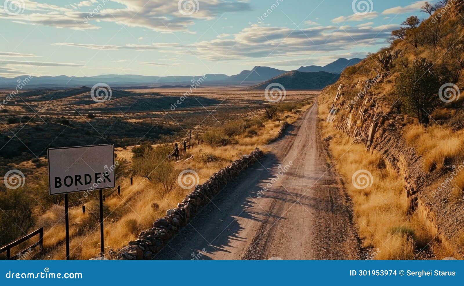 A Dirt Road with a Sign that Says Border, AI Stock Photo - Image of ...
