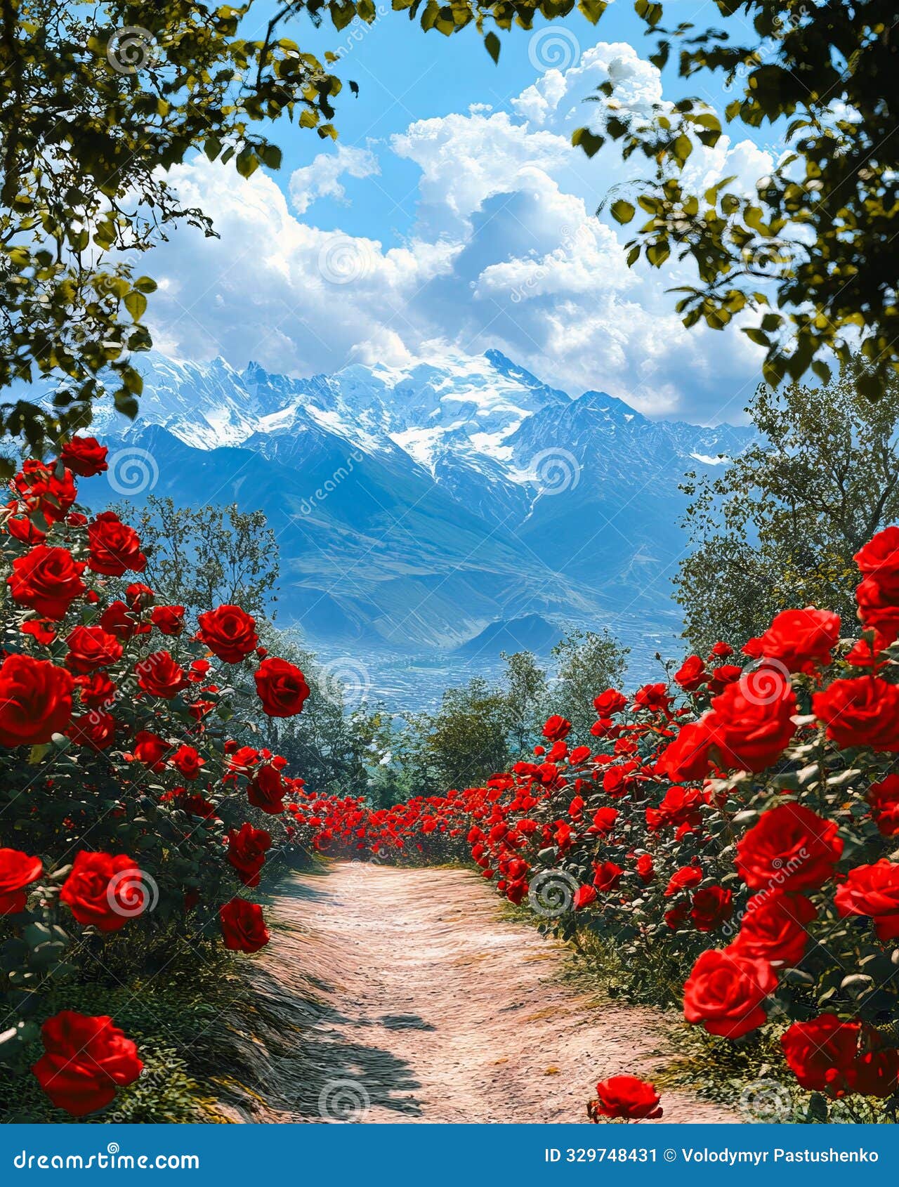 A Dirt Road Surrounded by Red Roses with Mountains in the Background ...