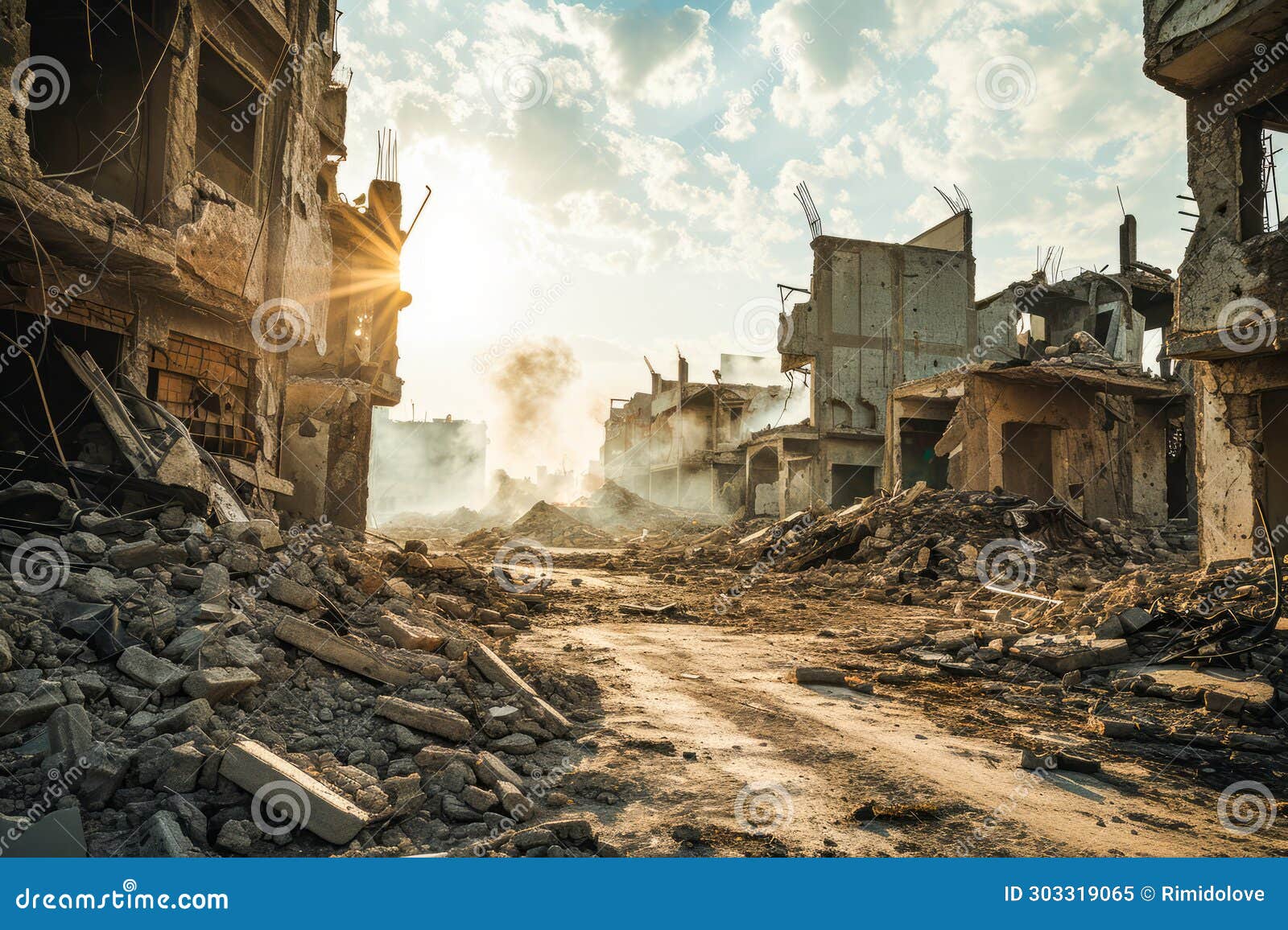 A Dirt Road Winds through a Destroyed City, Surrounded by Rubble and ...