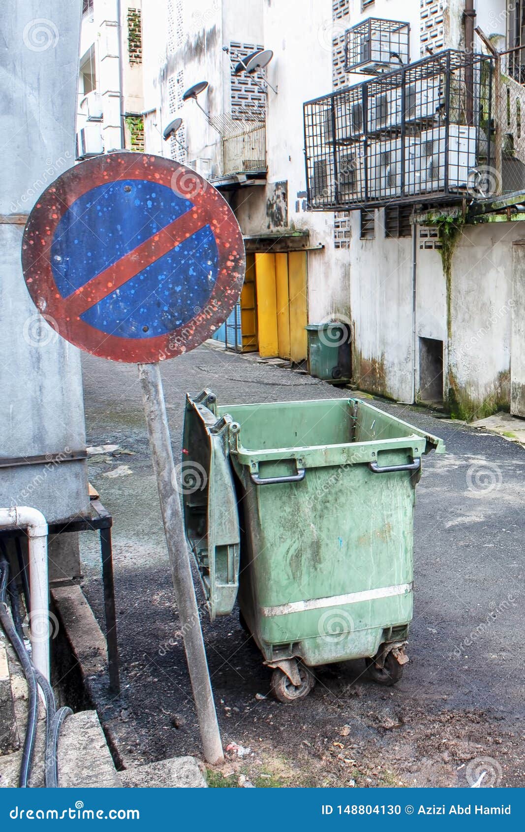 Back Alley No Entry with Trash Bin Stock Photo - Image of litter ...