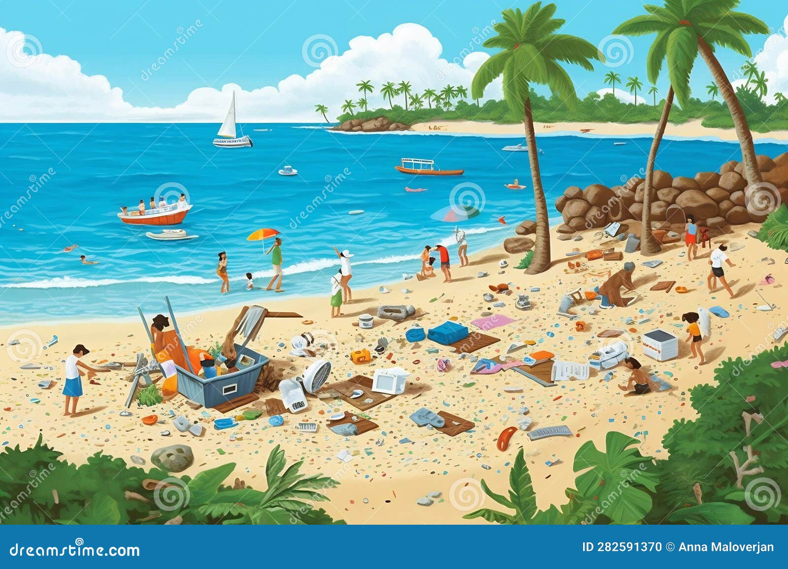 Dirty Beach Pollution Sea View. Garbage and Trash on the Sand Beach ...