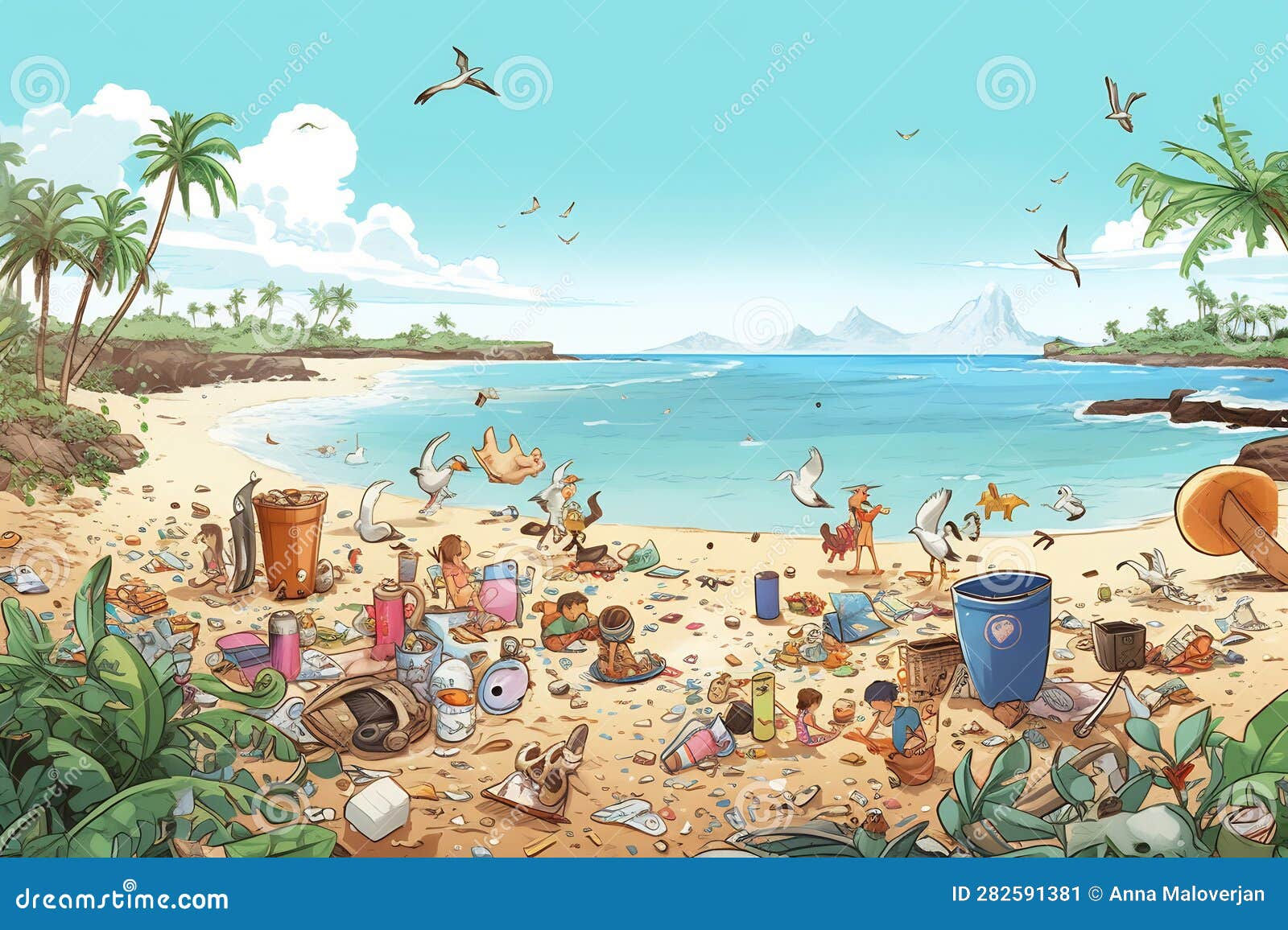 Dirty Beach Pollution Sea View. Garbage and Trash on the Sand Beach ...