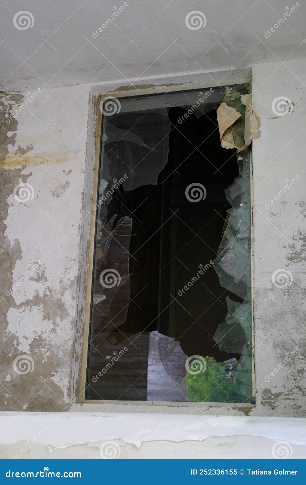 Dirty Broken Window Frame with Hole in Center, Sharp Pieces of Glass ... Dirty Broken Window Frame with Hole in Center, Sharp Pieces of Glass ...