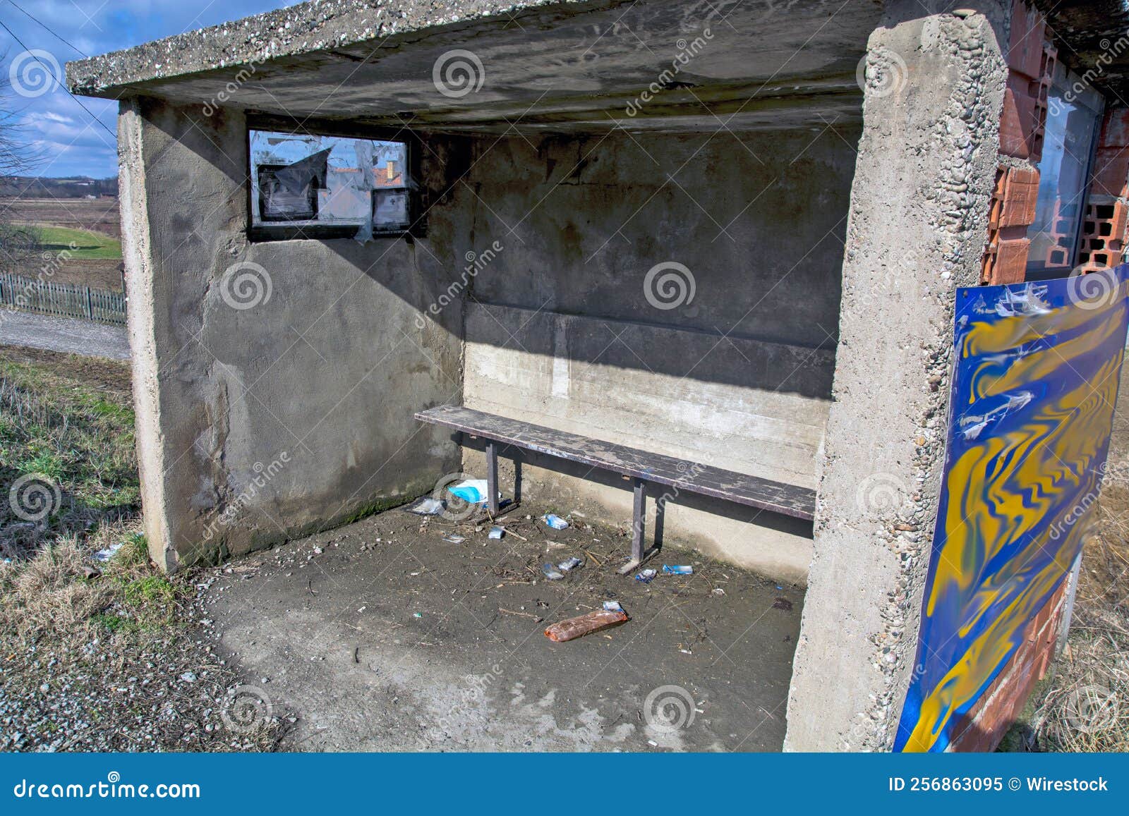Dirty bus stop stock image. Image of roadsign, station - 256863095