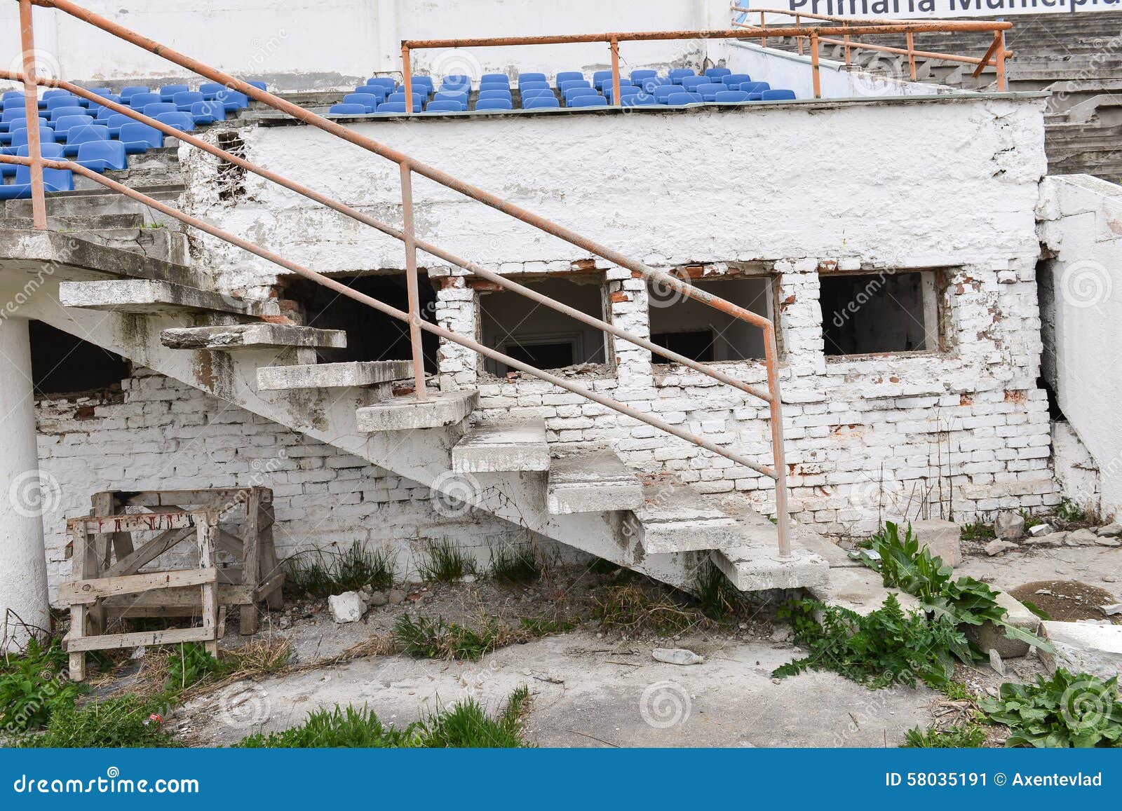 Dirty Destroyed Grandstands at Stadium Stock Image - Image of blue ...