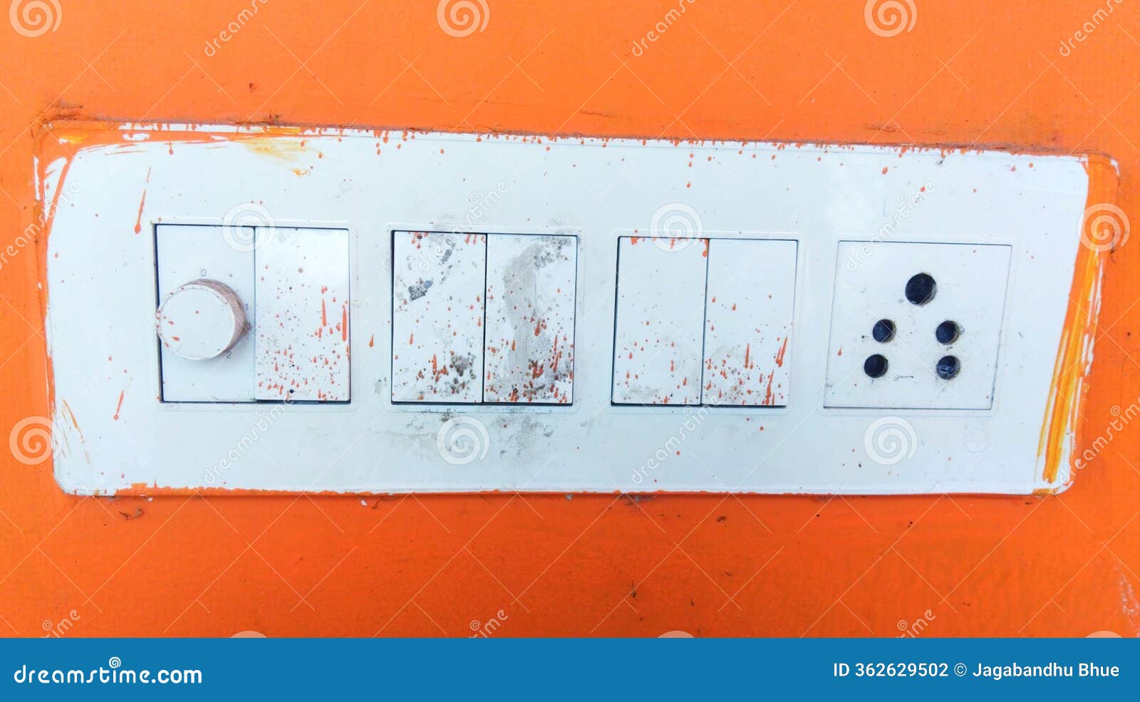 Dirty Electrical Switchboard with Paint Splatters on an Orange Wall ...