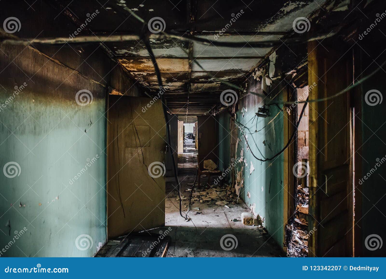 Dirty Empty Dark Corridor in Abandoned Building, Broken Doors, Garbage ...