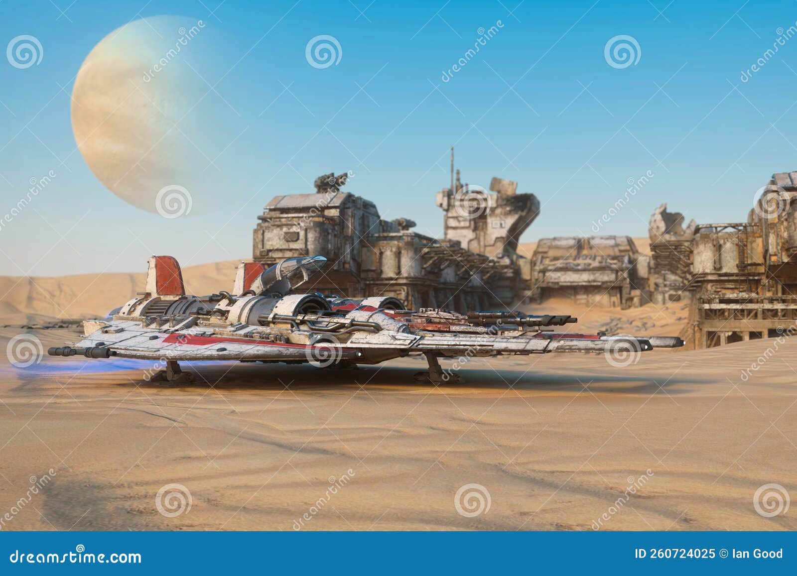 Dirty Fighter Space Ship on a Remote Desert Alien Planet. 3D Rendering ...