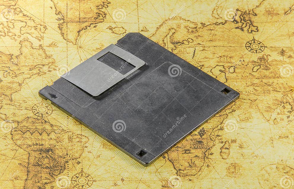 Dirty Floppy Disk on a Old World Map Stock Image - Image of object ...