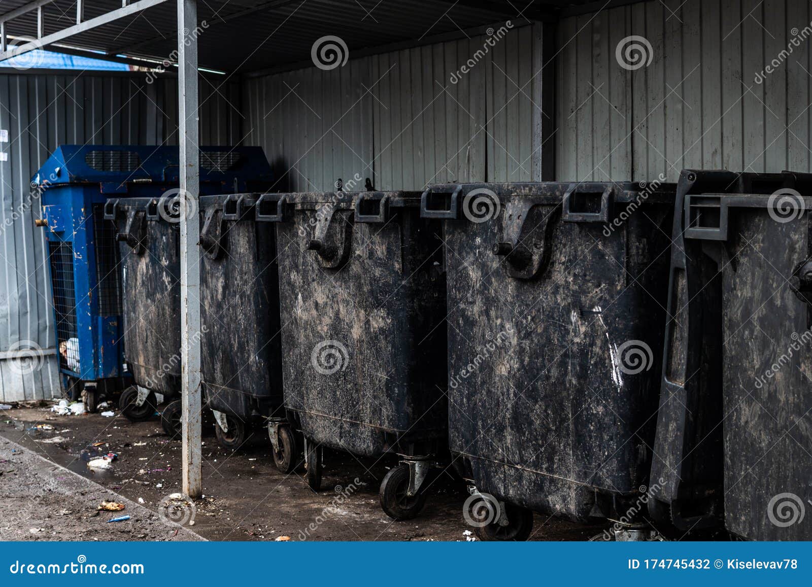 Dirty Garbage Containers Under the Canopy. Selective Focus Stock Photo ...