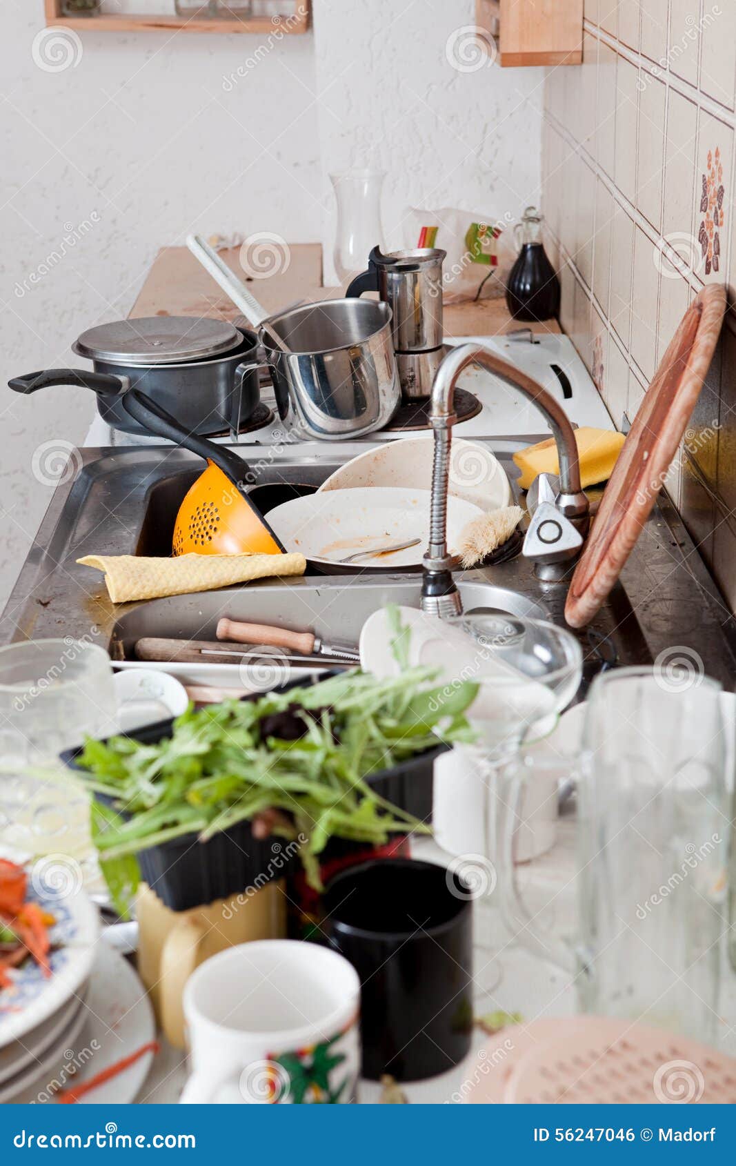 Dirty Kitchen with Crockery, Leftovers, Messy Kitchenware Stock Photo ...