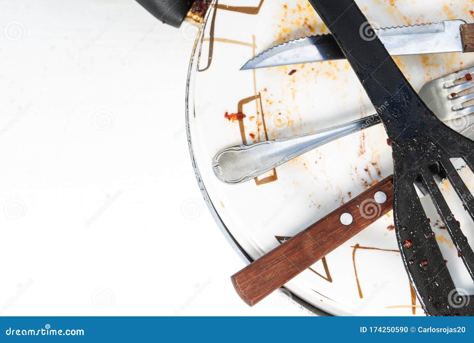 Dirty kitchen utensils stock photo. Image of spoon, home - 174250590