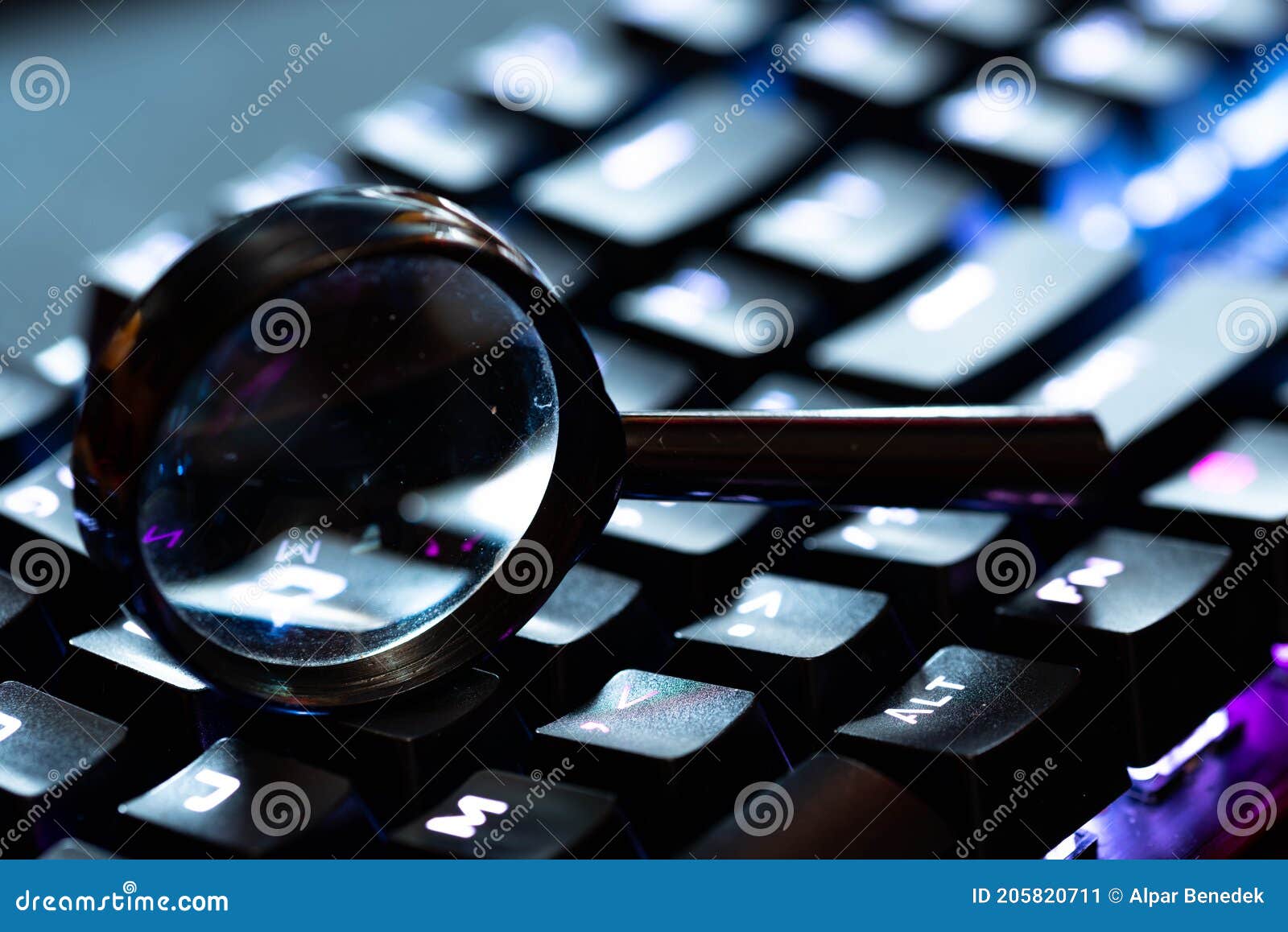 Dirty Magnifying Glass on Glowing Rgb Gaming Computer Keyboard Stock ...