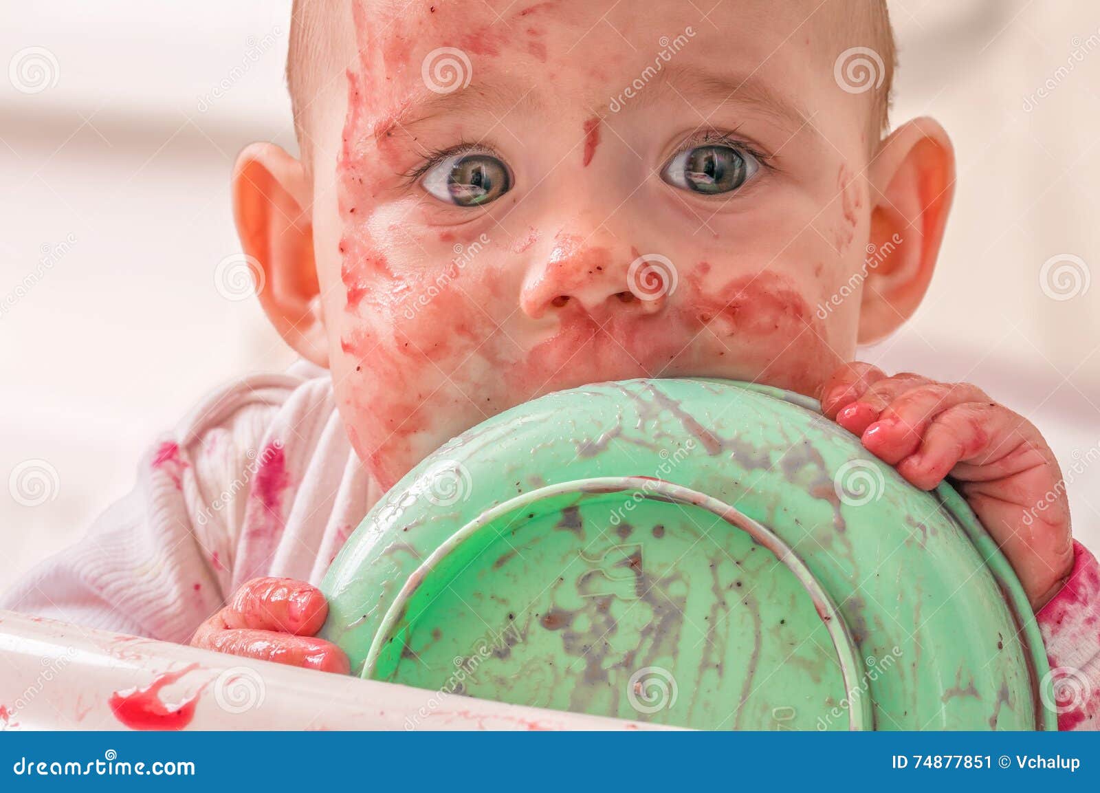Dirty and Messy Baby is Eating from Bowl Stock Image - Image of ...