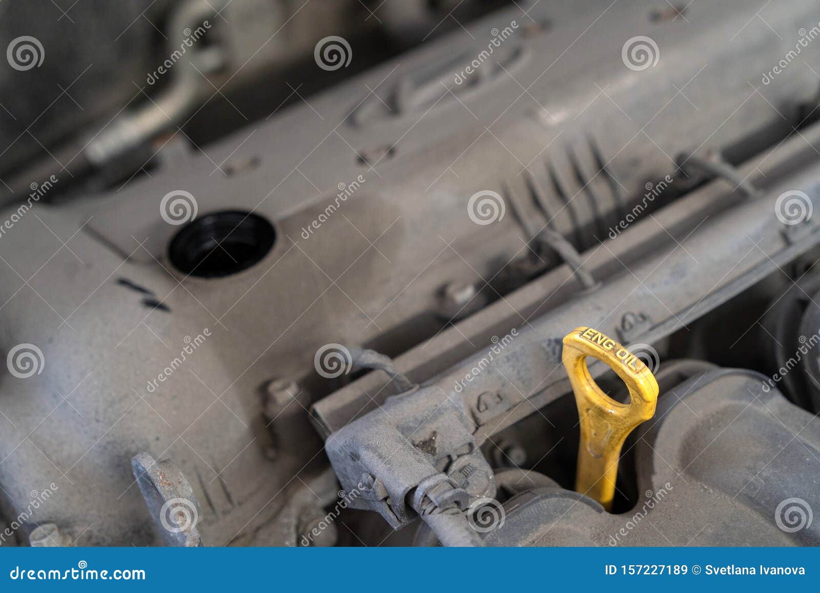 Dirty Passenger Car Engine and Engine Oil Check Sensor Stock Image ...