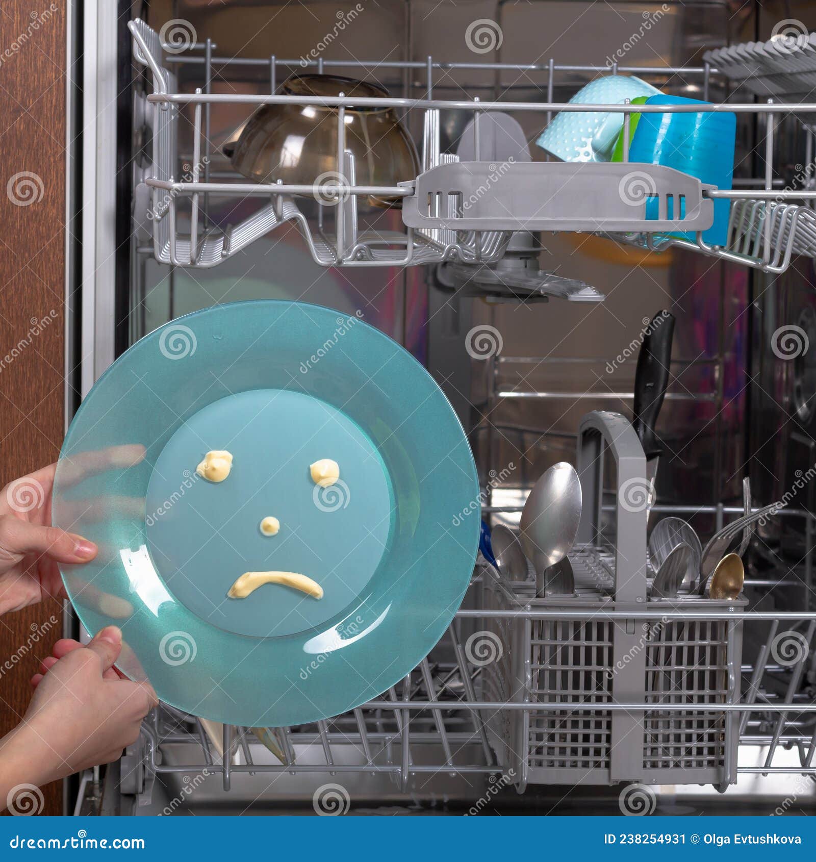 A Dirty Plate with a Sad Expression for Washing in the Dishwasher Stock ...