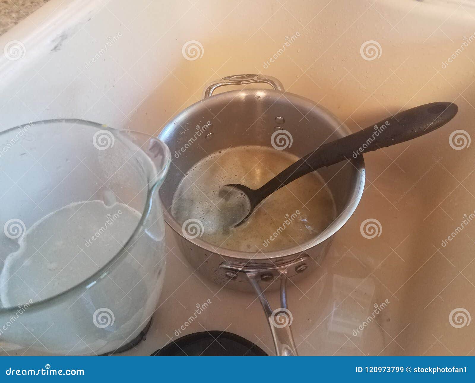 Dirty Pot of Water and Spoon in the Sink Stock Image - Image of pots ...