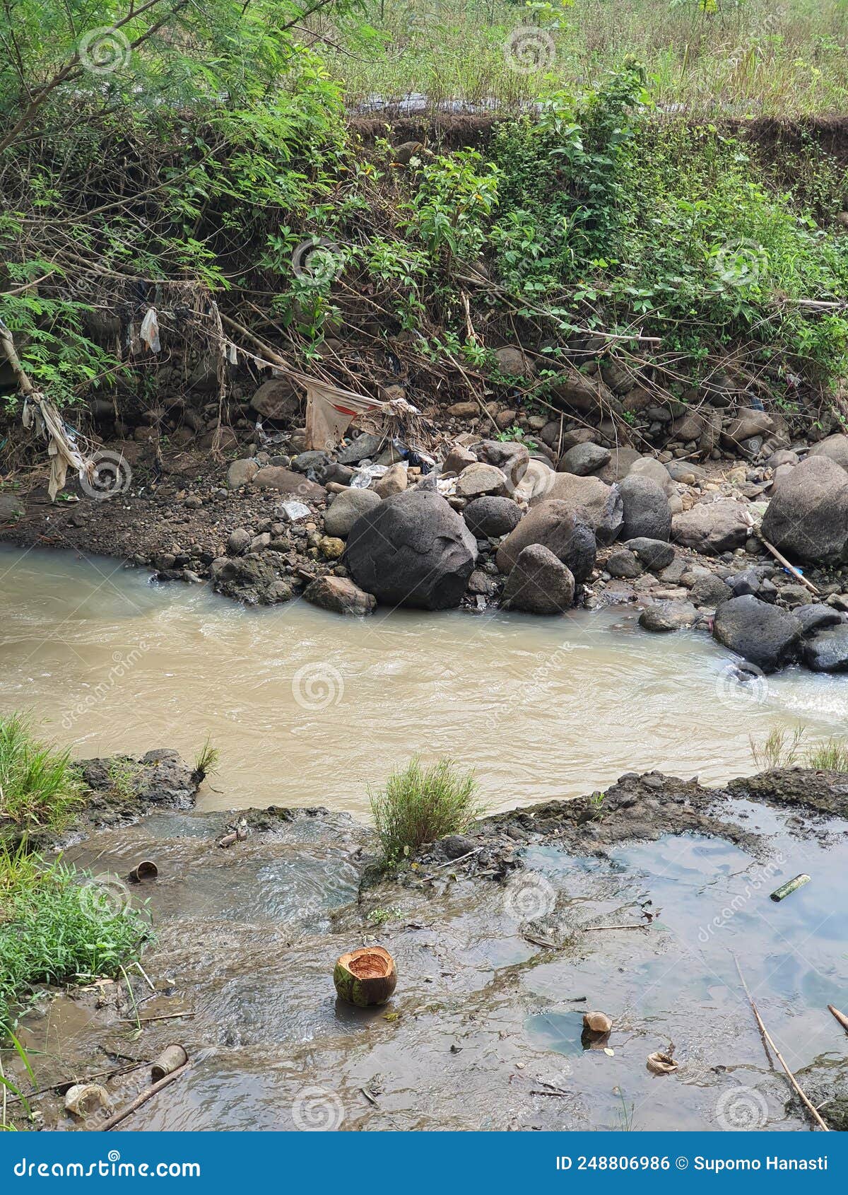Dirty River with Some Garbage on the Riverside Stock Photo - Image of ...