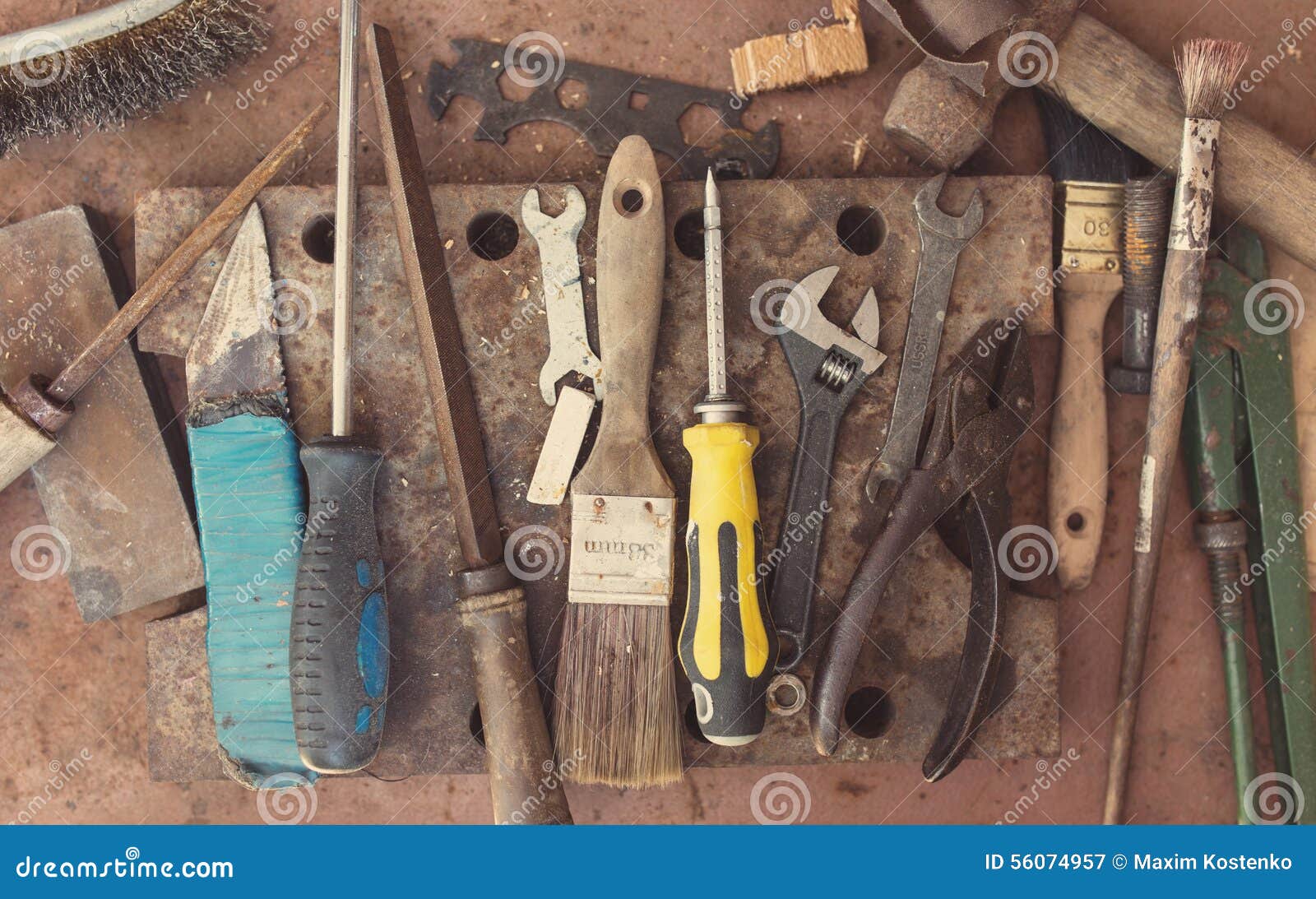 Dirty Set of Hand Tools on a Metal Panel Stock Image - Image of ...