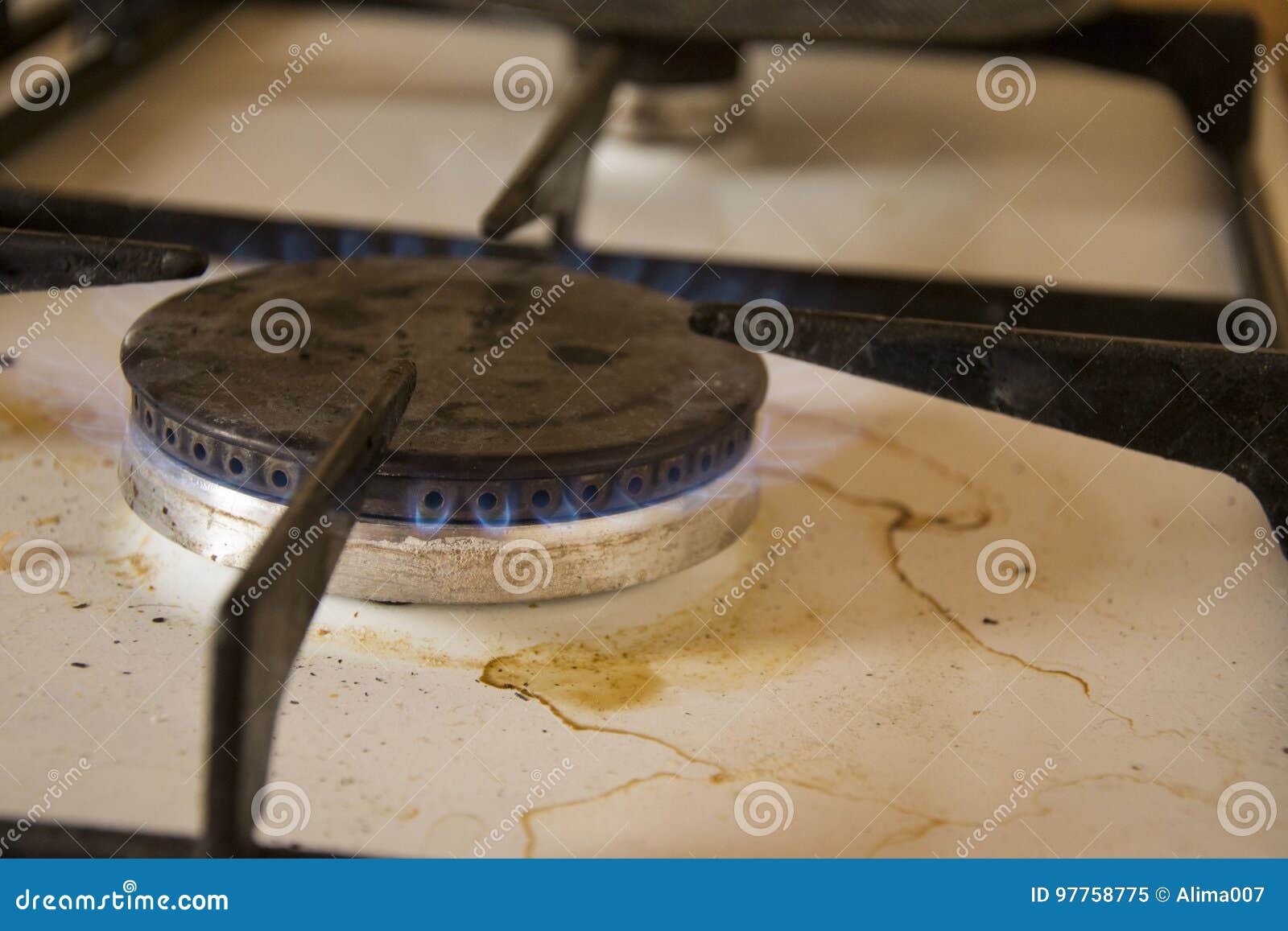 Dirty Gas Stove Surface. Two Gas Burners And Cast Iron Grate Of A Gas ...