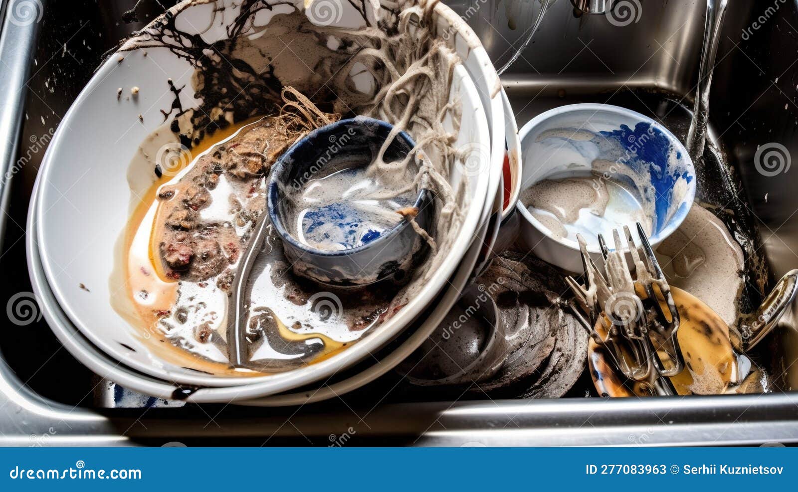 Dirty Unwashed Dishes with Leftover Food. Kitchen Interior, Sink. AI ...