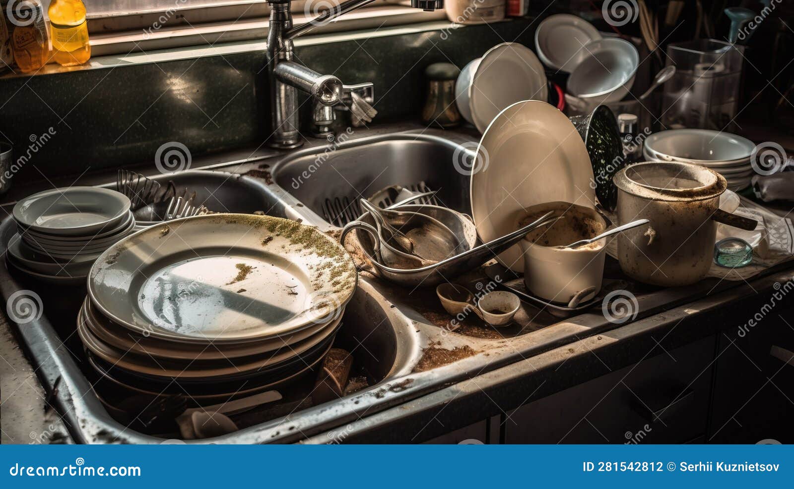Dirty Unwashed Dishes With Leftover Food. Kitchen Interior, Sink. AI ...