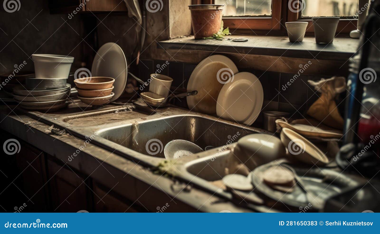 Dirty Unwashed Dishes with Leftover Food. Kitchen Interior, Sink. AI ...
