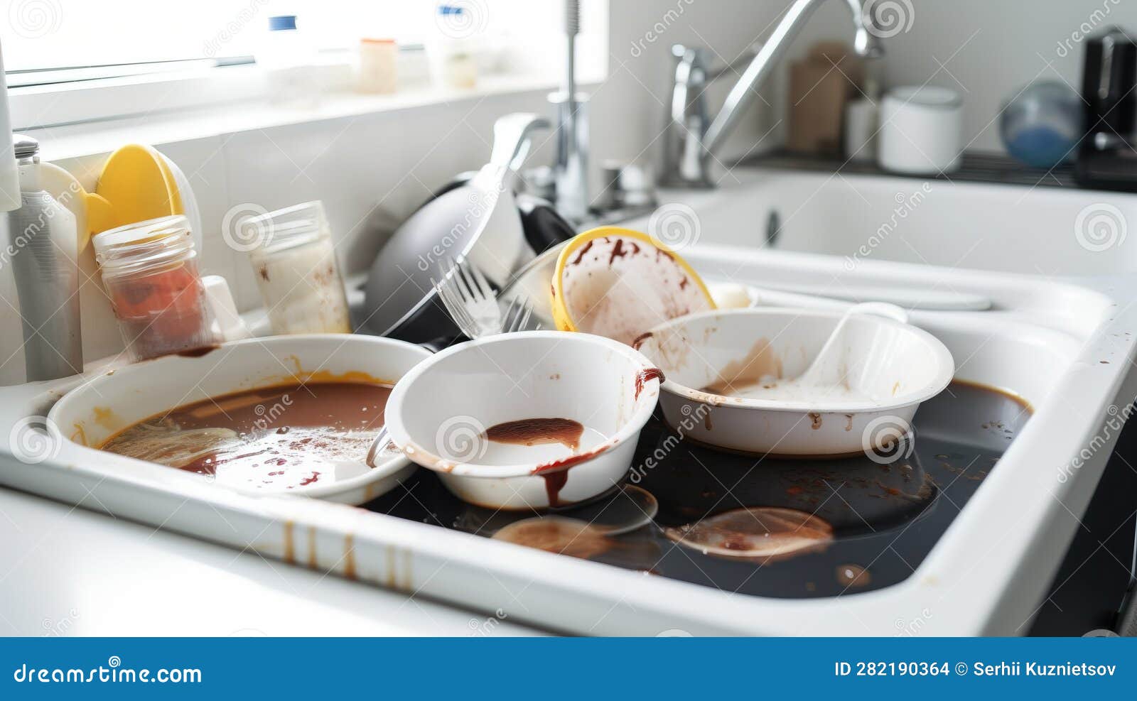 Dirty Unwashed Dishes with Leftover Food. Kitchen Interior, Sink. AI ...
