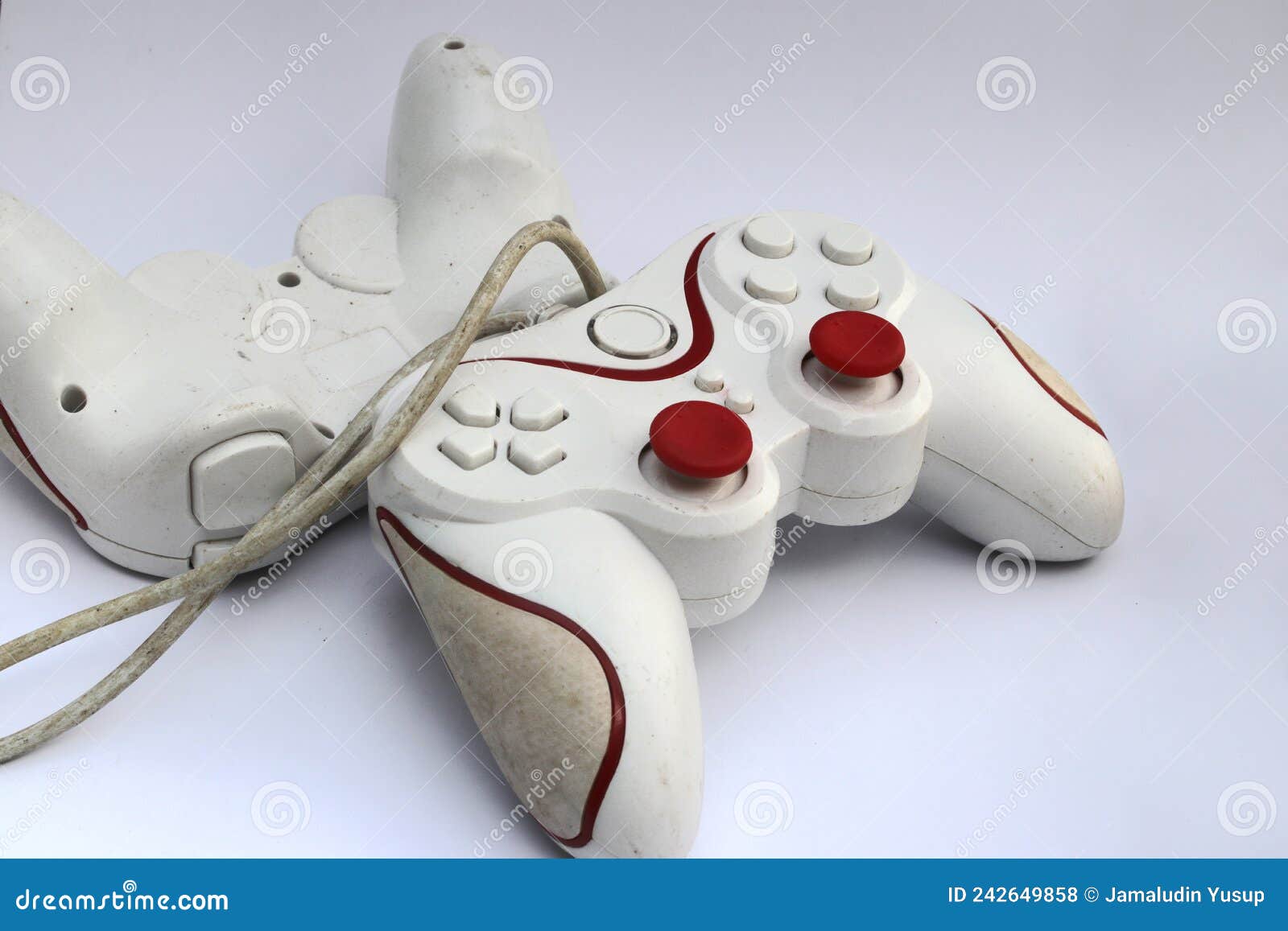 Dirty Used Wired Gamepad Controller with White and Red Accent Isolated ...