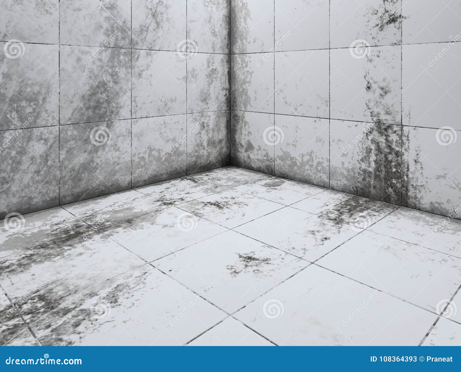 Dirty White Tile Floor Corner 3D Rendering Stock Image - Image of ...