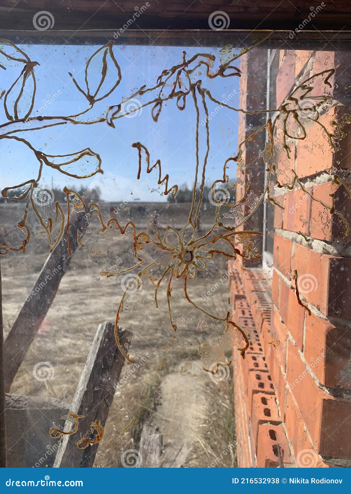 Dirty Window in Wood Frame with Gold Pattern Stock Photo - Image of ...