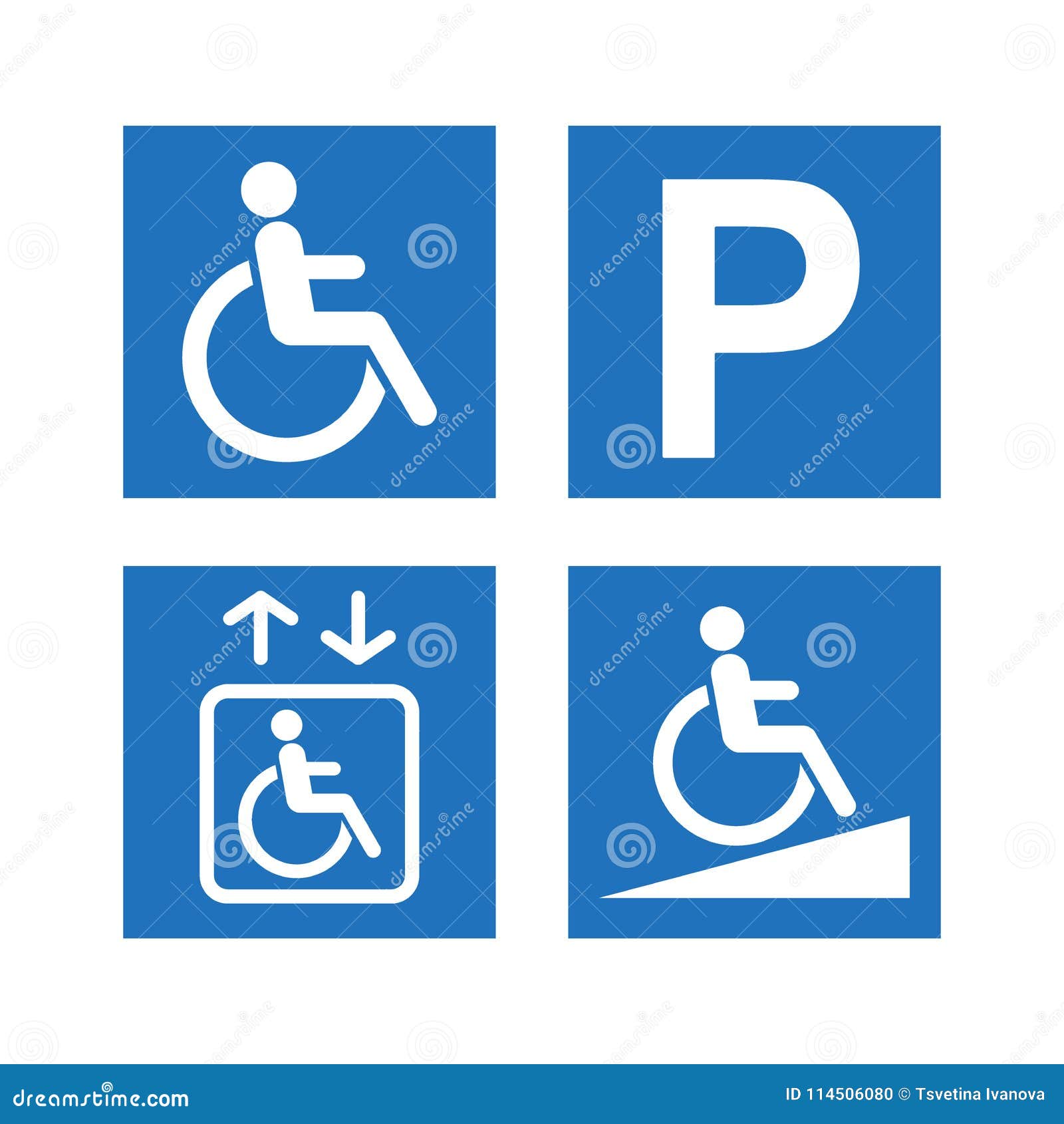 Disability Accessibility Icon Set. Disabled Parking, Ramp and Elevator ...