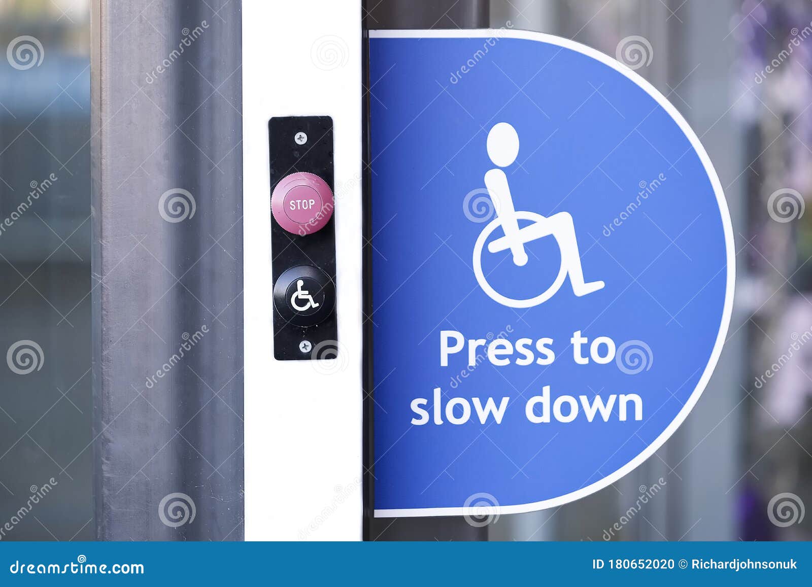 Disabled Accessible Push Button Sign at Shop Entrance Stock Photo ...