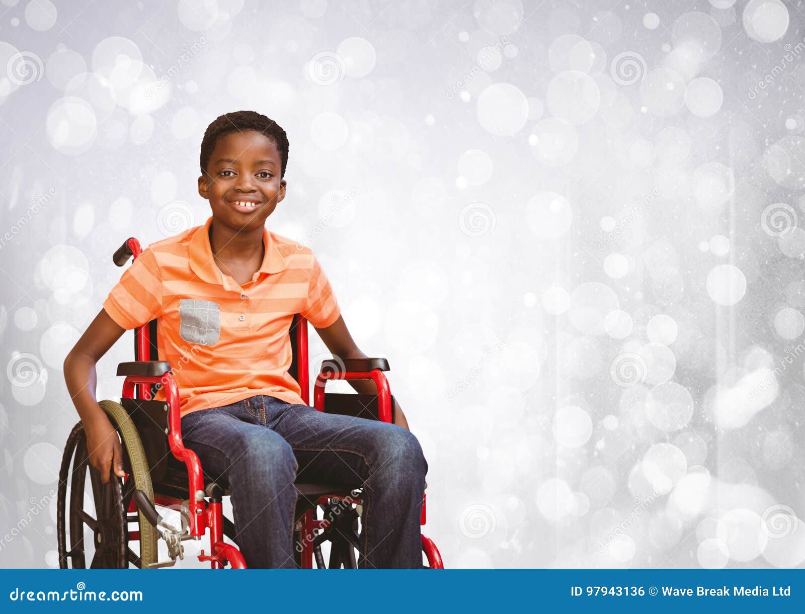 Disabled Boy in Wheelchair with Bright Sparkling Bokeh Background Stock ...