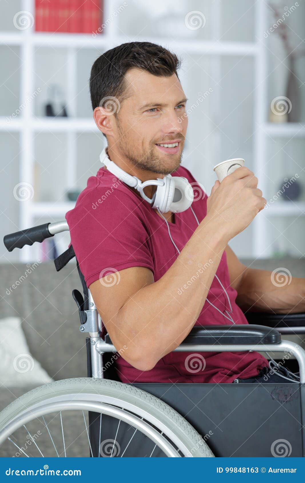 Disabled Business Man In Wheelchair Drinking Coffee Stock Image Image