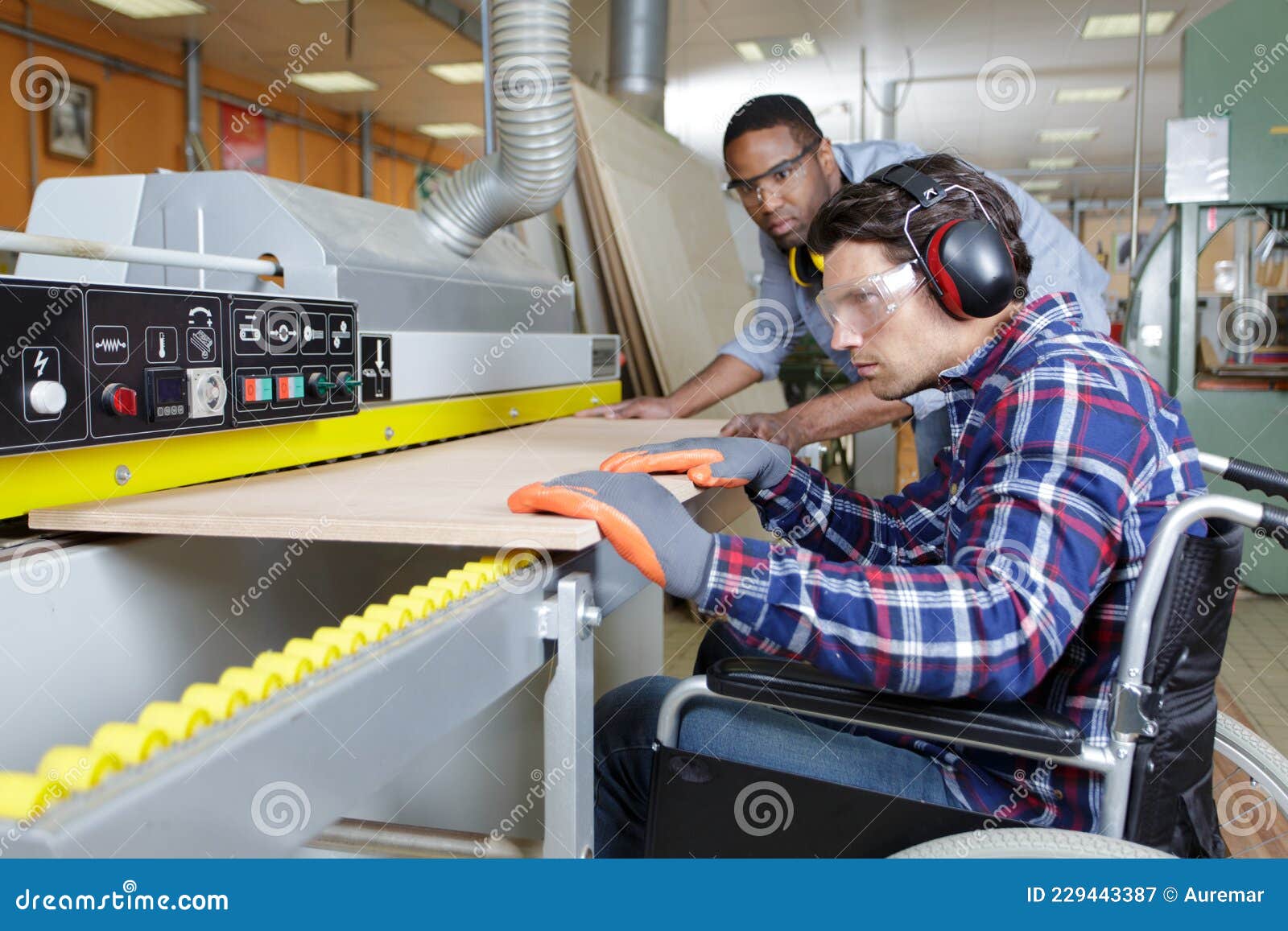 Disabled Carpenter in Wheelchair with Colleague Stock Image - Image of ...