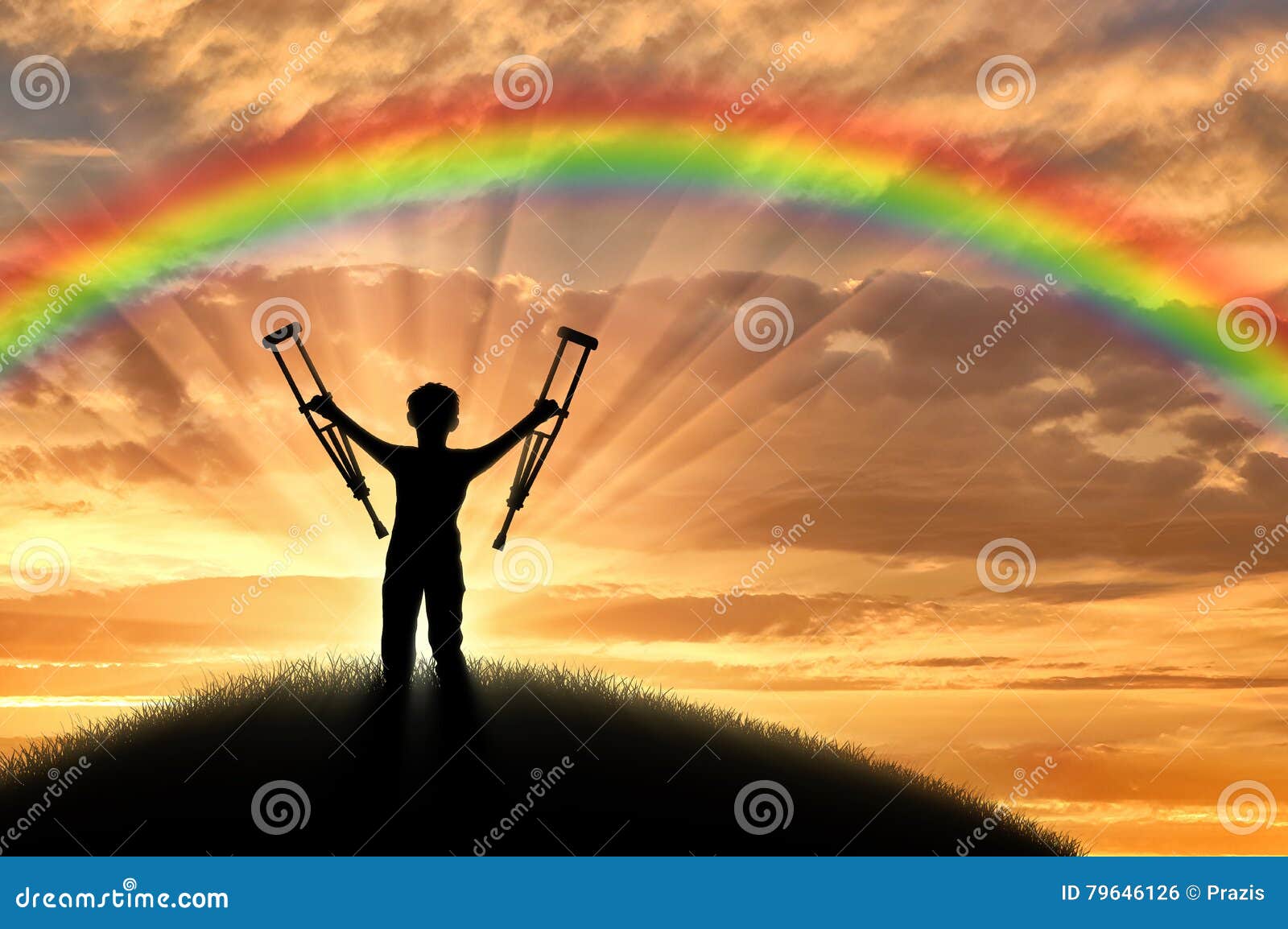 Disabled Child Standing with Crutches on a Hill Sunset on the ...