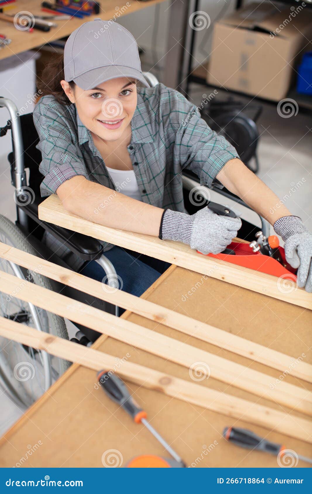 Disabled Female Carpenter in Workshop Stock Photo - Image of board ...