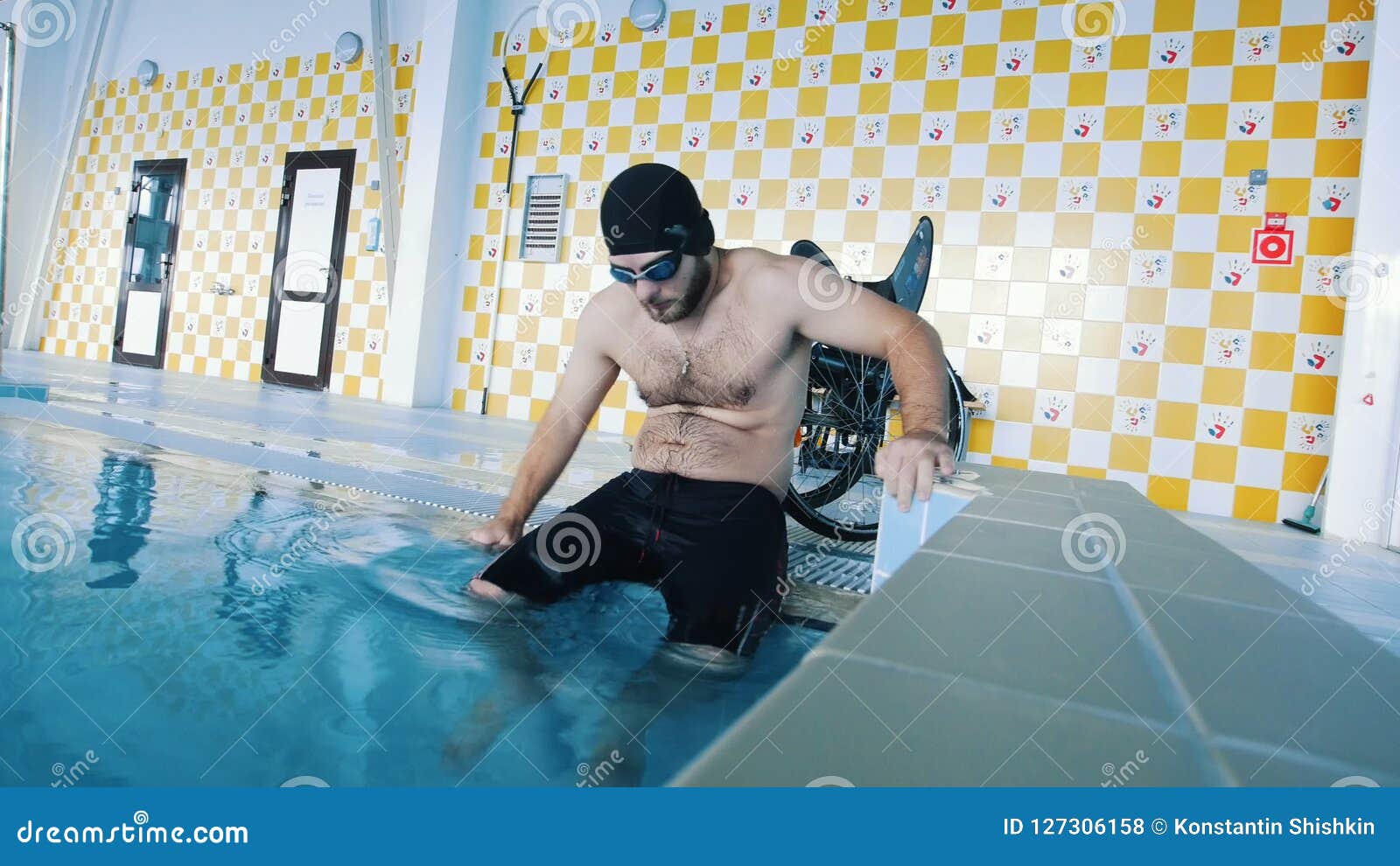 Disabled Man Gets in the Swimming Pool Stock Footage - Video of adult ...