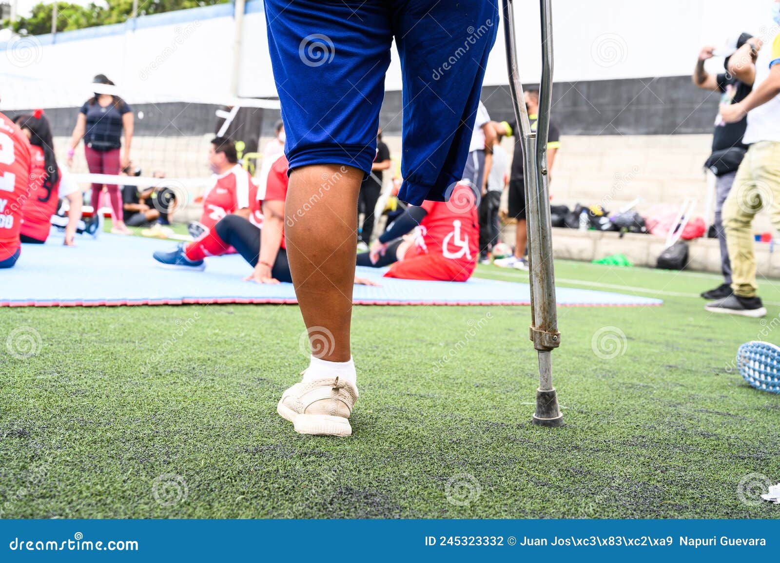 Disabled Man with One Leg on Crutches Watching a Match. Editorial ...