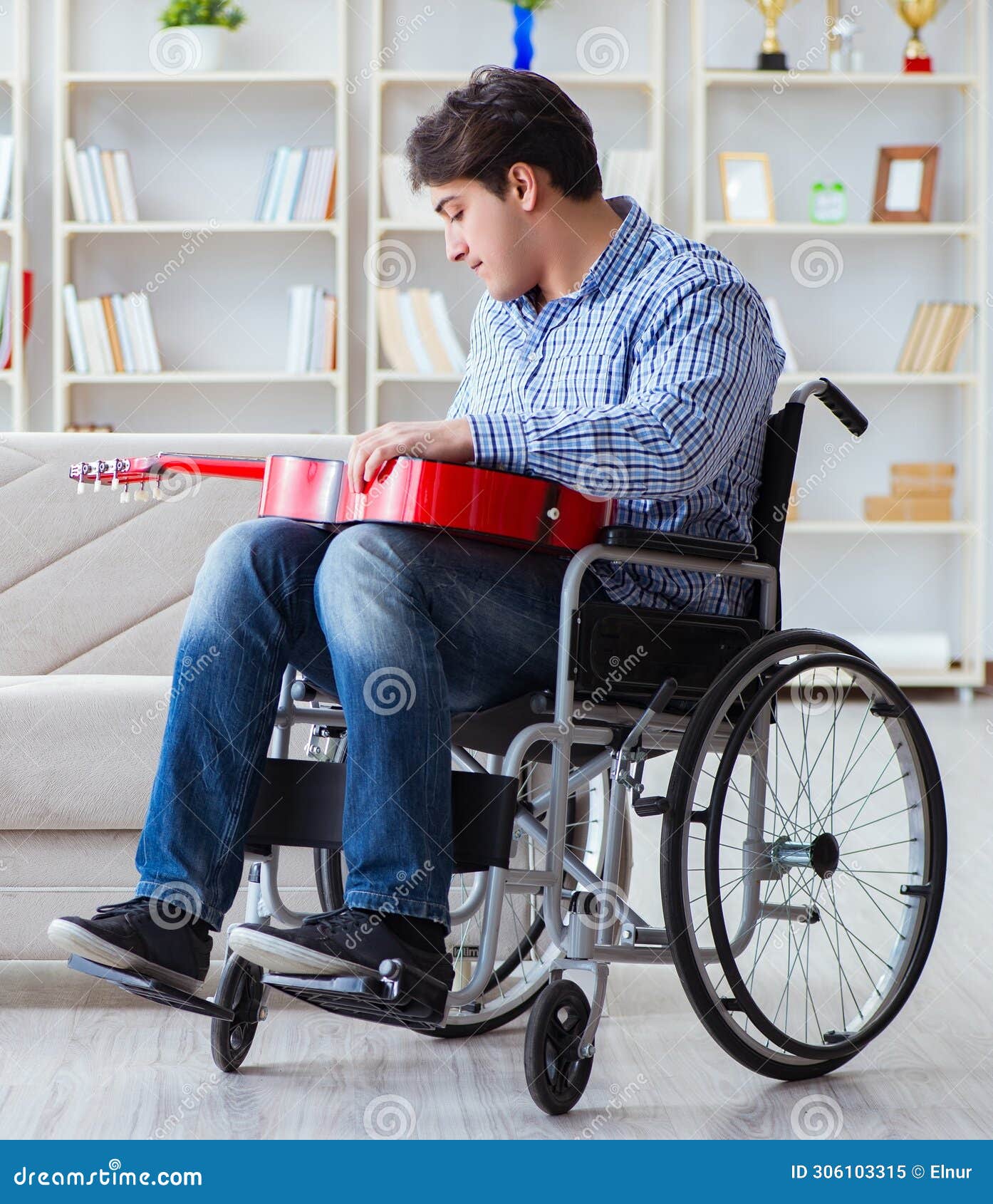 Disabled Man Playing Guitar at Home Stock Image - Image of book ...