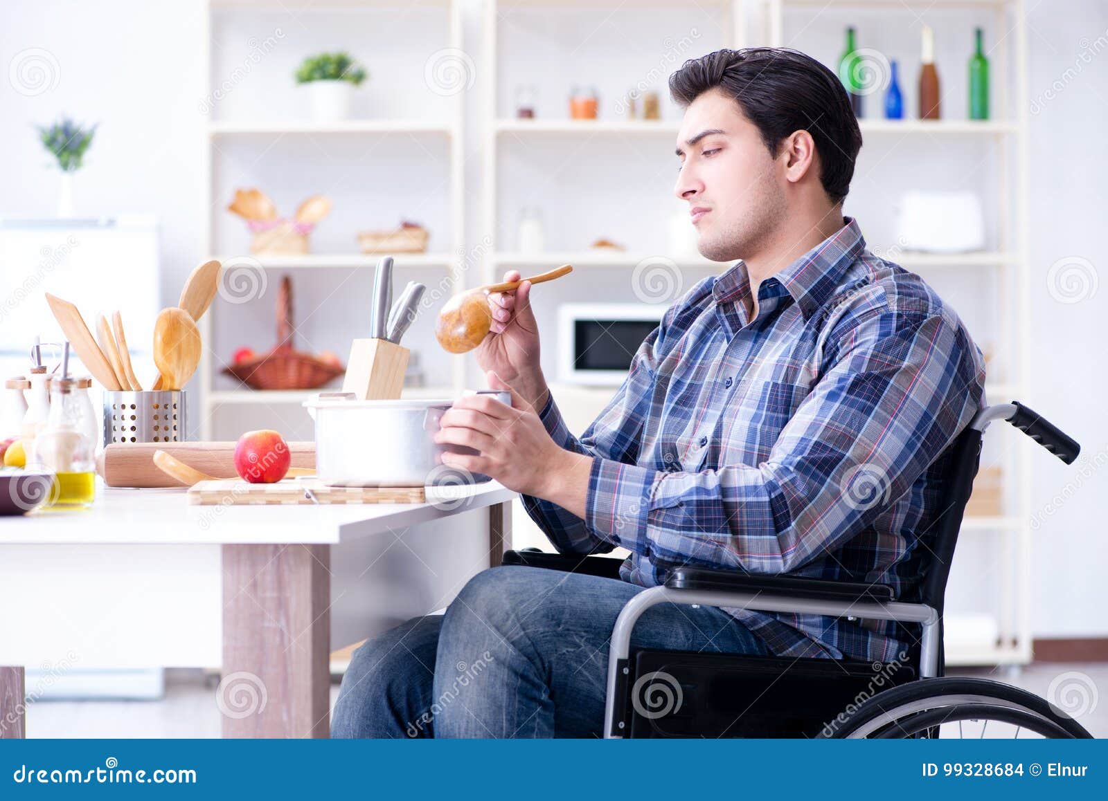 The Disabled Man Preparing Soup at Kitchen Stock Photo - Image of ...