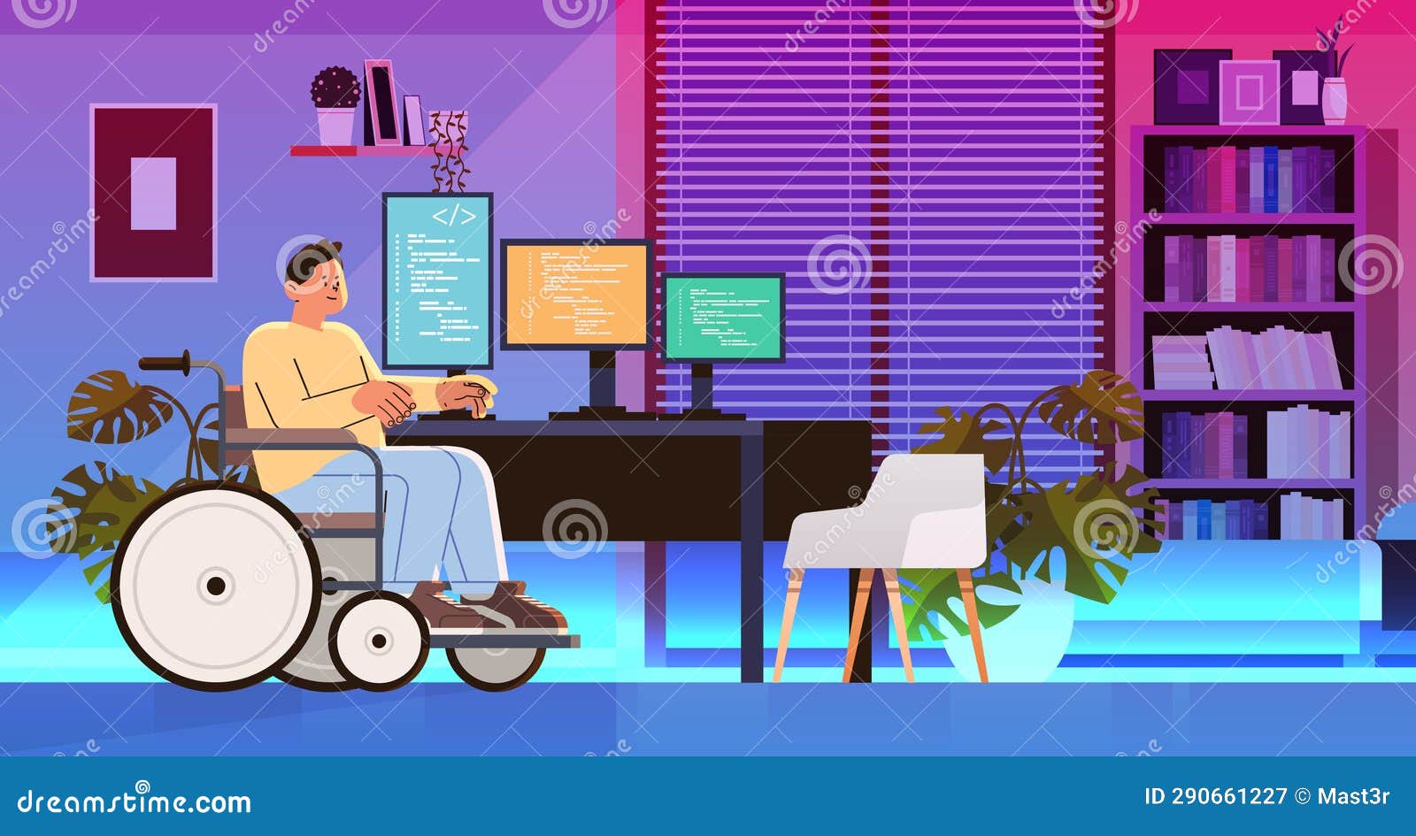 Disabled Man Programmer in Wheelchair Sitting at Workplace Software ...