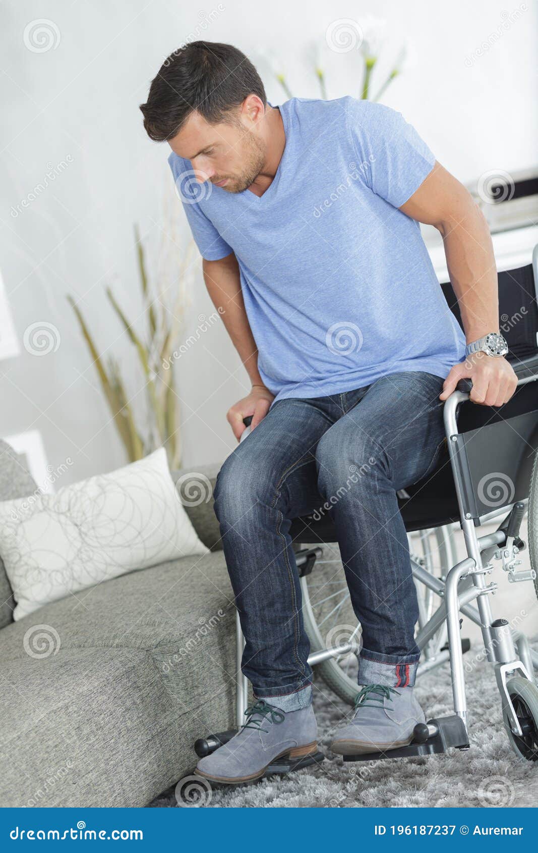 Disabled Man Trying To Sit on Sofa Stock Image - Image of dormitory ...