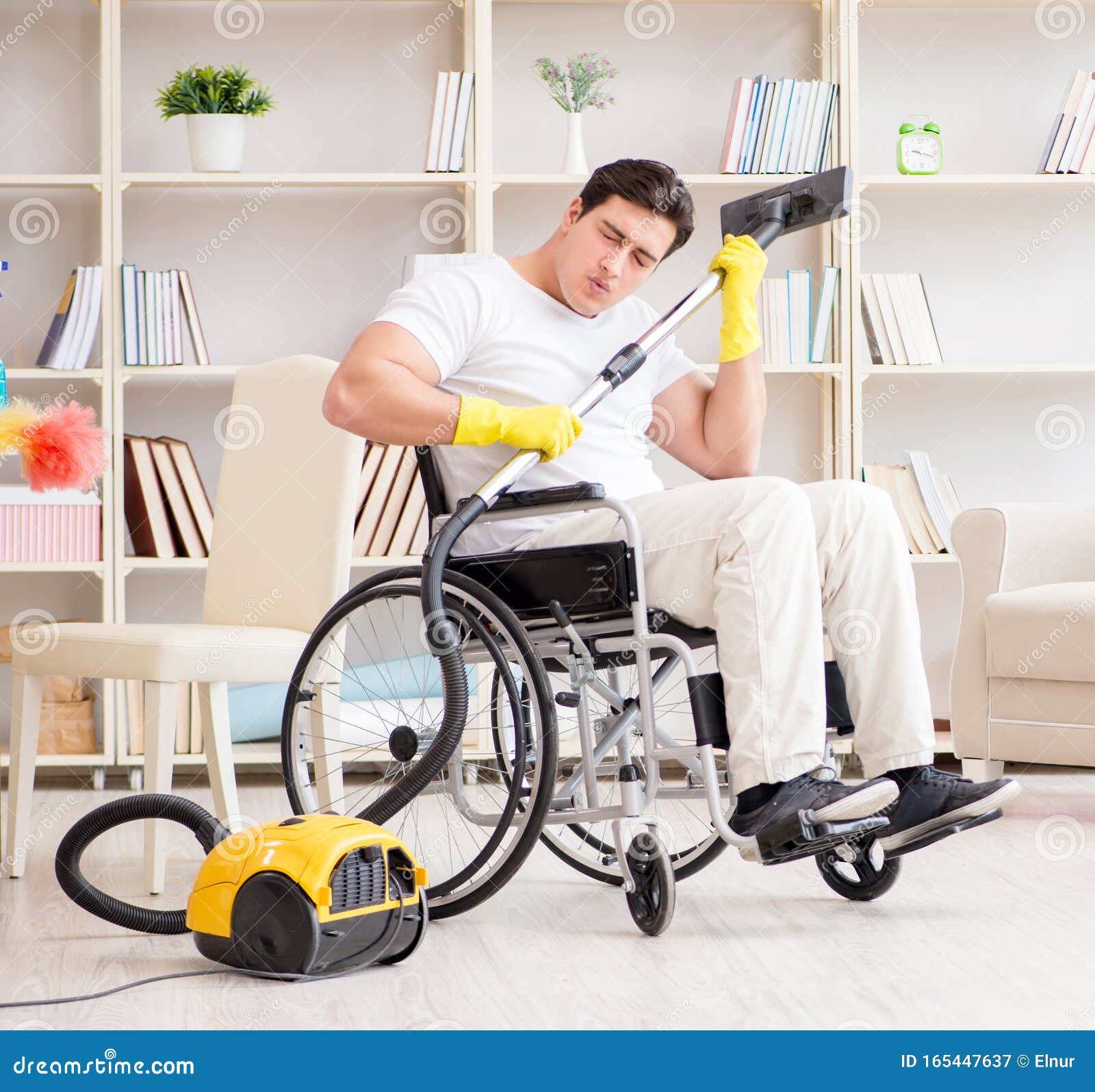 Disabled Man with Vacuum Cleaner at Home Stock Image - Image of injury ...